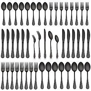 LIANYU Black Silverware Flatware Set for 12, 60-Piece Stainless Steel Cutlery Set Includes Knives Spoons Forks, Mirror Finished, Dishwasher Safe