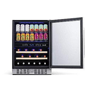 NewAir 24" Wine and Beverage Refrigerator Cooler, 20 Bottle and 70 Can Capacity, Built-in or Freestanding Dual Zone Fridge in Stainless Steel with Splitshelf