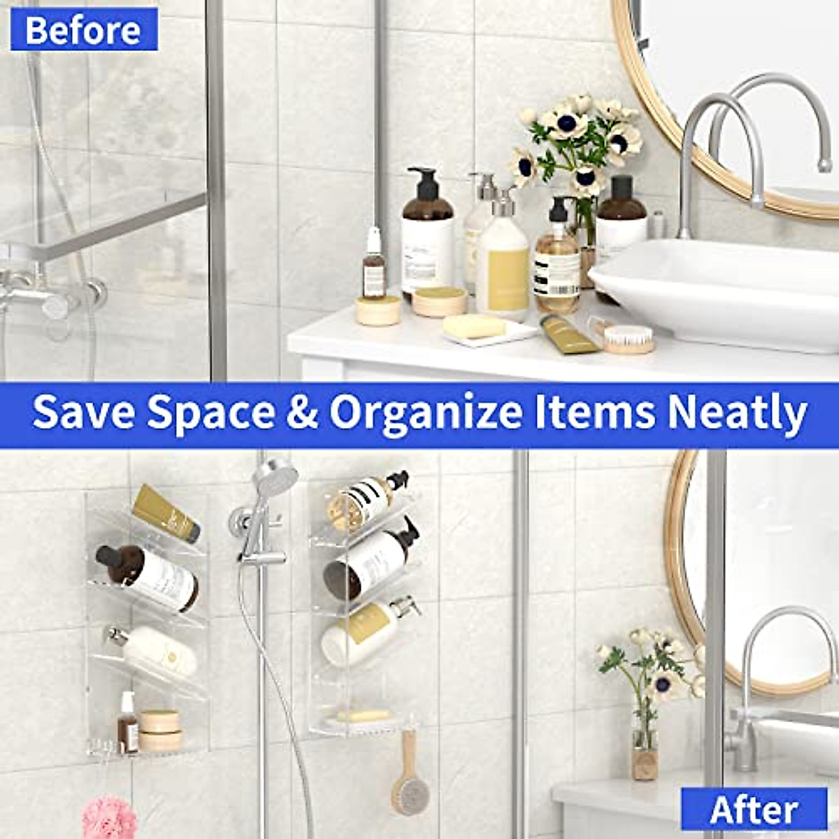 AITEE Acrylic Bathroom Organizer Shower Caddy, Clear Shampoo Holder Organizer Shelf Wall Mounted, Shower Organizer with Suction Cup, No Drilling and Rustproof, Sturdy and Durable - Combination Shelf