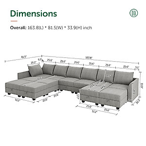 HONBAY Modular Sofa Couch with Storage Seats U Shaped Modular Sectional Sofa with Reversible Chiase Oversized Modular Sofa Sleeper Set with Ottomans, Grey