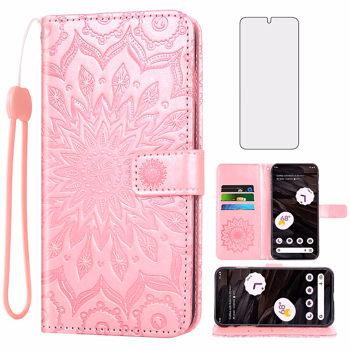 Asuwish Phone Case for Google Pixel 7A 5G 2023 Wallet Cases with Tempered Glass Screen Protector and Sunflower Leather Slim Flip Cover Card Holder Stand Cell Accessories Pixel7A A7 Women Rose Gold