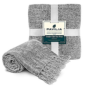 PAVILIA Chenille Tassel Fringe Throw Blanket | Velvety Textured Decorative Knit Throw for Sofa Couch Bed | Soft Boho Woven Cozy Lightweight Knitted Throw | Light Grey 50 x 60 Inches