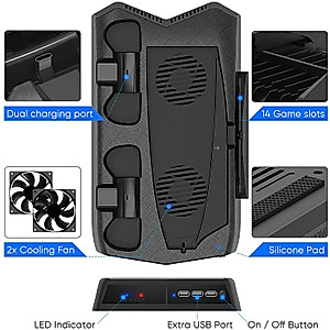OSTENT Multi-Function Vertical Stand, Charging Station Dock, Cooling Fan, Retractable Game Storage Bracket for Sony PS5 Disc/Digital Edition Console DualSense Controller