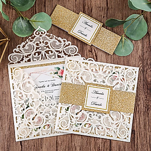 DreamBuilt 6.3 x 6.3 inch Ivory Laser Cut Wedding Invitations Cards with Gold Glitter Border and Bellyband for Wedding Bridal Shower (Ivory, 50pcs Blank)