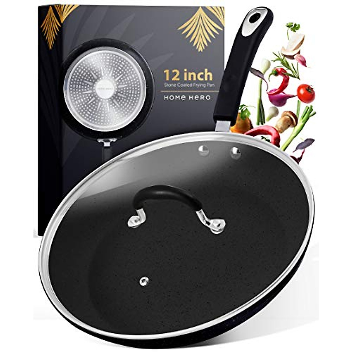 Home Hero 12 Inch Nonstick Frying Pan with Lid, Induction Compatible, Stone Coated, Tempered Glass