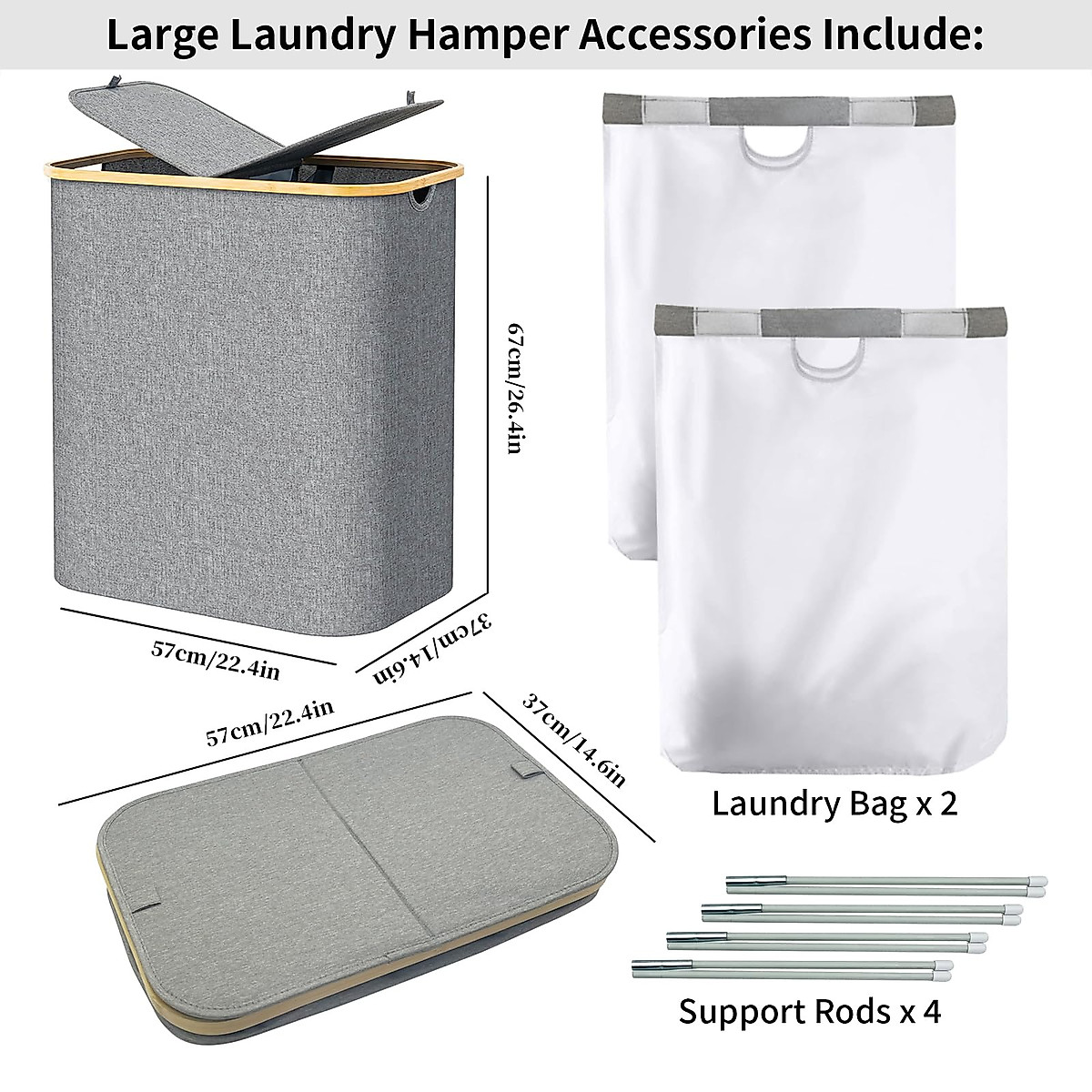 Werduoland 140L Double Laundry Hamper with Lid Divided Laundry Hamper Large Laundry Basket 2 Section Laundry Hamper with Removable Bag Dual Hampers for Laundry Double Sided Hamper for Bathroom (Grey)