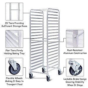 ReunionG 20 Tier Bun Pan Rack, Bakery Rack with 2 Lockable Wheels, 20 Sheet Aluminum Storage Cooling Trolley with Open Shelf, Dough Pizza Baking Mobile Rack for Home Commercial