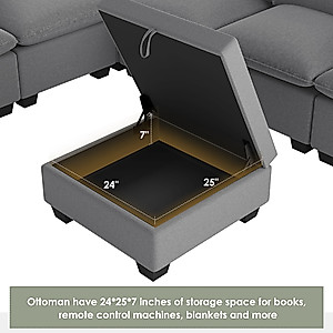 KIVENJAJA Oversized Modular Sectional Couch, Linen Fabric 7 Seater U Shaped Sofa Set with Storage Ottoman & Loose Back Cushions, Living Room Furniture Set, 118”W, Grey