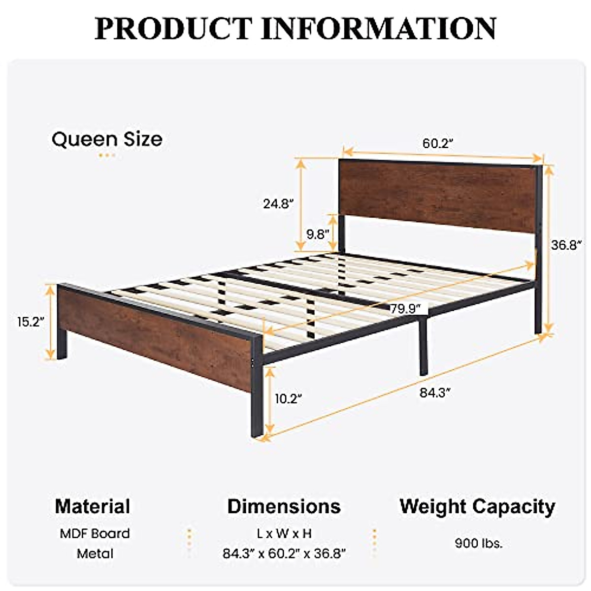 SHA CERLIN Queen Bed Frame with Headboard, Heavy Duty Platform Bed with Under-Bed Storage, Solid Wood Slats & Metal Construction, No Box Spring Needed, Easy Assembly, Saddle Brown
