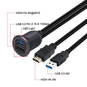 Kework USB 3.0 & HDMI Mount with Light, 3.3ft USB 3.0 Male to Female & HDMI 4K Male to Female Flush Panel Dashboard Mount Extension Cable for Car Truck Boat Motorcycle, Metal Shell, Gray