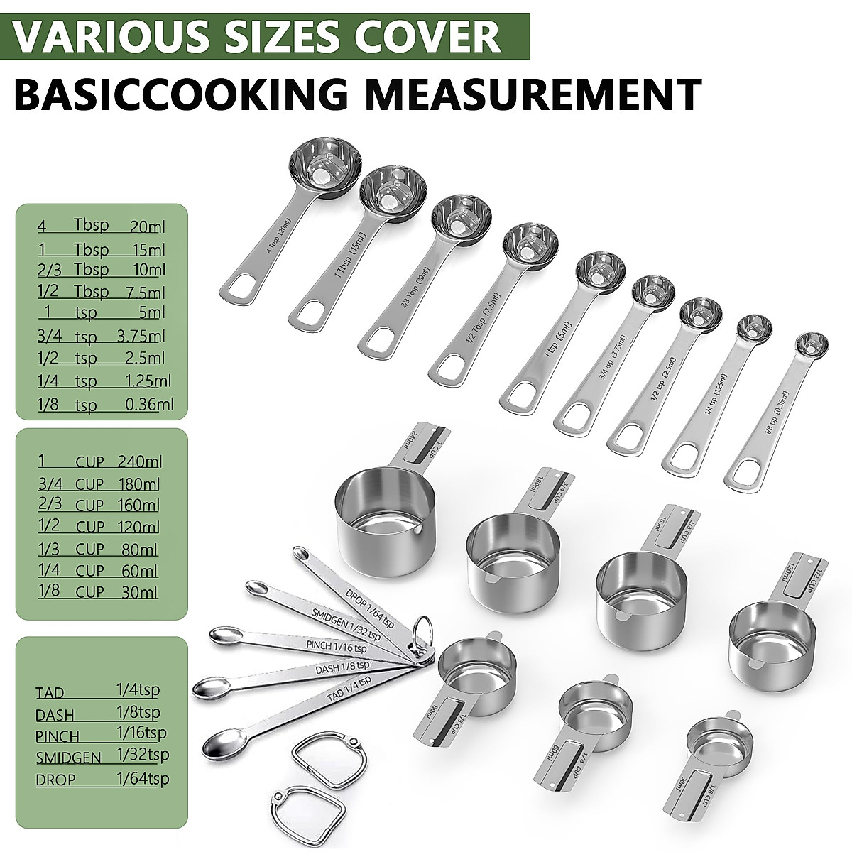 Minteem Measuring Cups and Spoons Set of 21, 7 Stainless Steel Nesting Measuring Cups, 9 Measuring Spoons, 5 Mini Spoons, Kitchen Gadgets for Cooking & Baking, Round