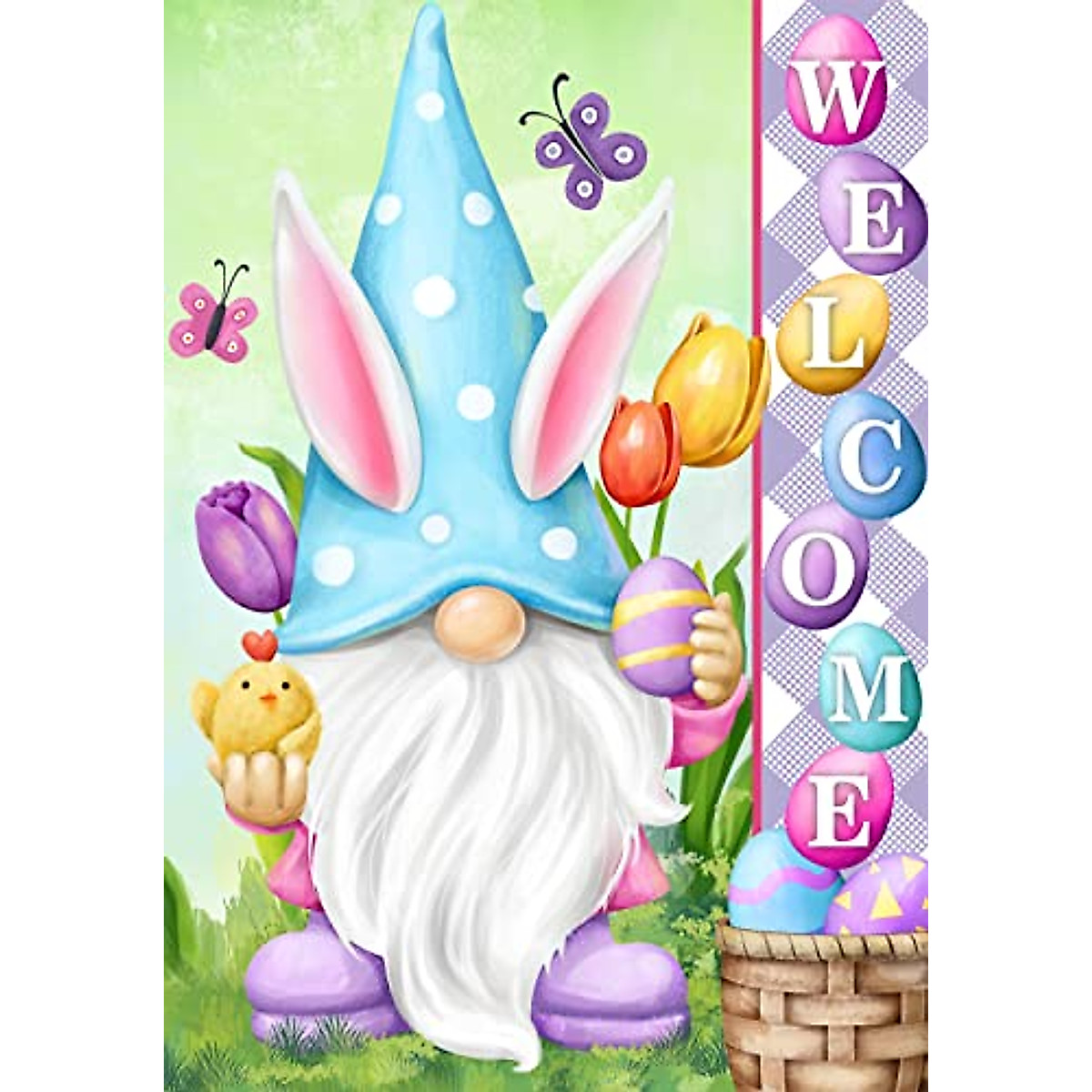 Texupday Welcome Bunny Gnome Easter Eggs Tulips Decoration Easter Spring Holiday House Flag Outdoor Yard Flag 28" x 40"