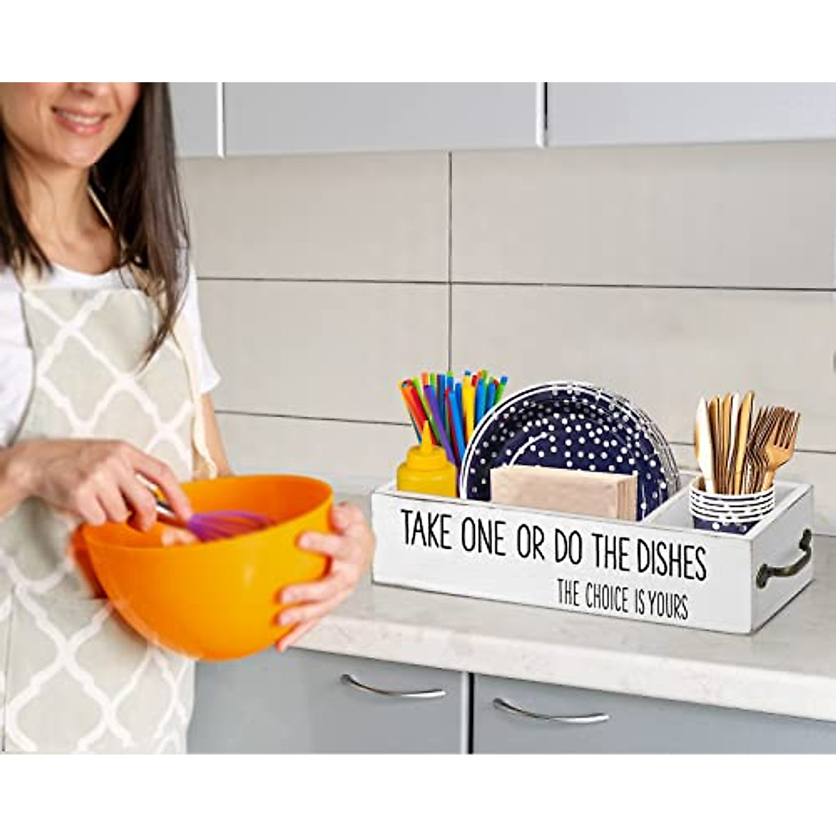 Kitchen Countertop Paper Plate Organizer Utensil Caddy, Wooden Paper Plate Holder with Handle, Utensil Caddy Holder for Cup Fork Knives Napkin Condiment, Silverware Caddy for Party Camping BBQ