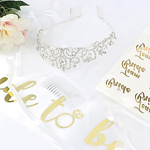 CIEHER Silver Tiara + Wedding Veil + Bride To Be Sash + Bachelorette Temporary Tattoos Set, Bachelorette Party Favors Bridal Shower Decorations