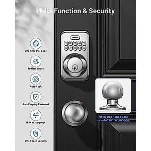 Keyless Entry Door Lock with 2 Knobs, Zowill DK01K Keypad Door Lock with Handle, Front Door Lock Set, Auto Lock, One-Touch Lock, One Time Code, IP54 Waterproof, Easy Installation - Satin Nickel