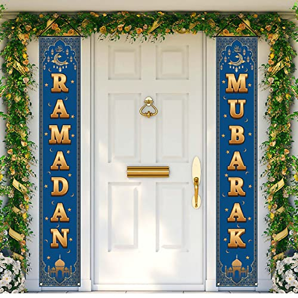 FARMNALL Eid Ramadan Mubarak Porch Banner Ramadan Decorations Moon and Star Mosque Lattern Islamic Front Door Sign Wall Hanging Decorations and Supplies for Home Office