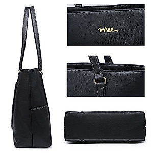 NNEE Classic Laptop Leather Tote Bag for 15 15.6 inch Notebook Computers Travel Carrying Bag with Smart Trolley Strap Design - Black