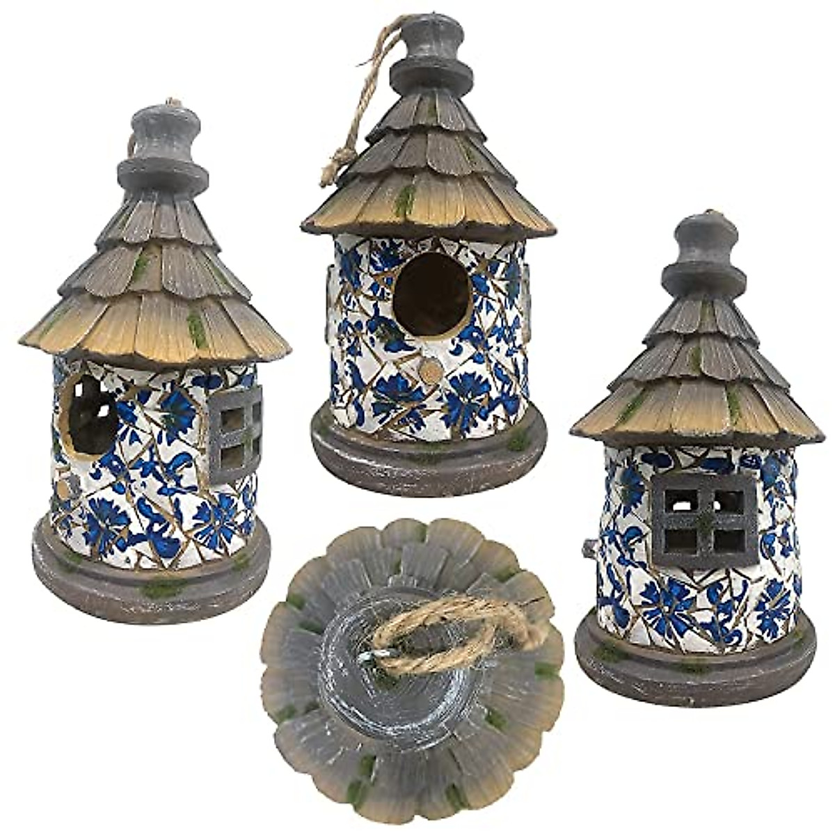 OUSHUAI Bird House for Outdoor with Pole Garden Decor Hanging Birdhouses Weatherproof BirdNest for Outside Bluebird, Finch, Wren, Chickadee, Wild Birds Big Size Resin White Bule
