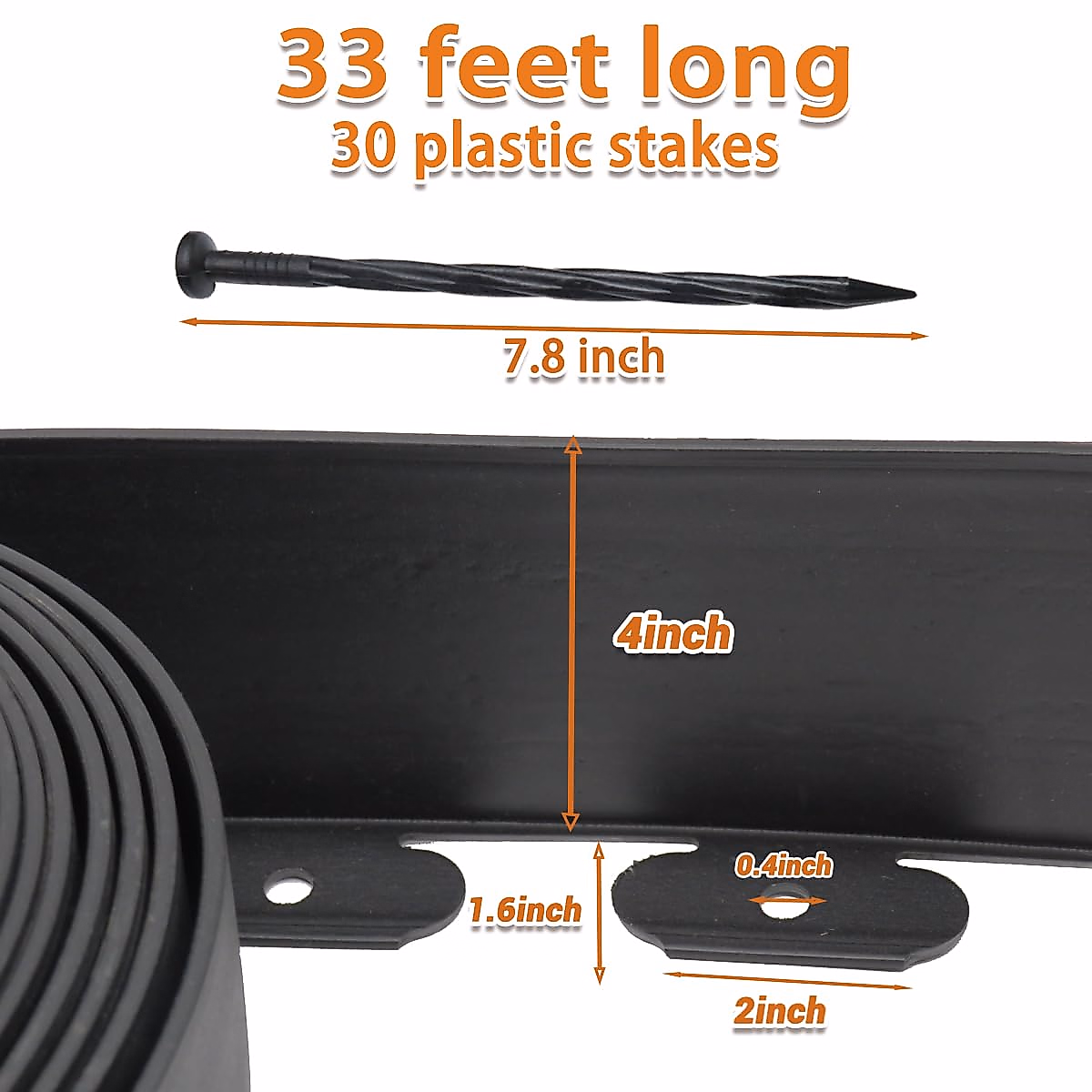 Tall Wall Landscape Edging, Lawn Edging and Landscape Border - No Dig Flower Bed Border Plastic Garden Edging - Rubber Landscape Edging (Plastic Stakes, Black-33feet)