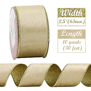 HUIHUANG Champagne Velvet Wired Ribbon 2-1/2" Champagne Gold Christmas Ribbon with Glitter Gold Backing, for Christmas Tree, Tree Top Bows, Wreaths, Graland, Home Decor, Crafts-10 Yards