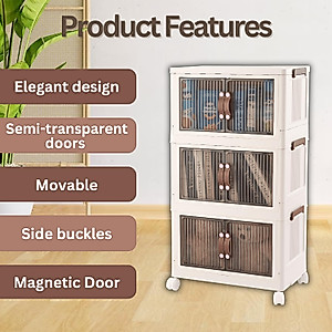 PROKTIK 30 QT 3 Tier Folding Storage Bins with Doors – Magnetic Door Foldable Storage Cabinet - Folding Storage Box with Leather Handles - Stackable and Collapsible Storage Container for Books, Pantry