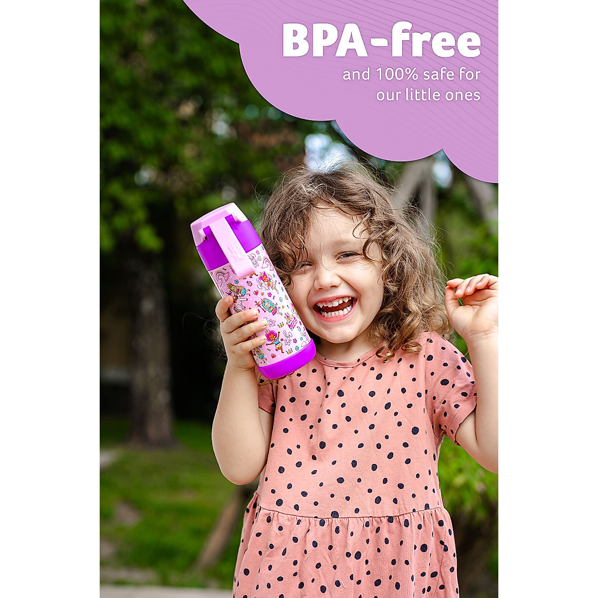 JARLSON® kids water bottle - MALI - insulated stainless steel water bottle with chug lid - thermos - girls/boys (Princess 'Mosaic', 12 oz)