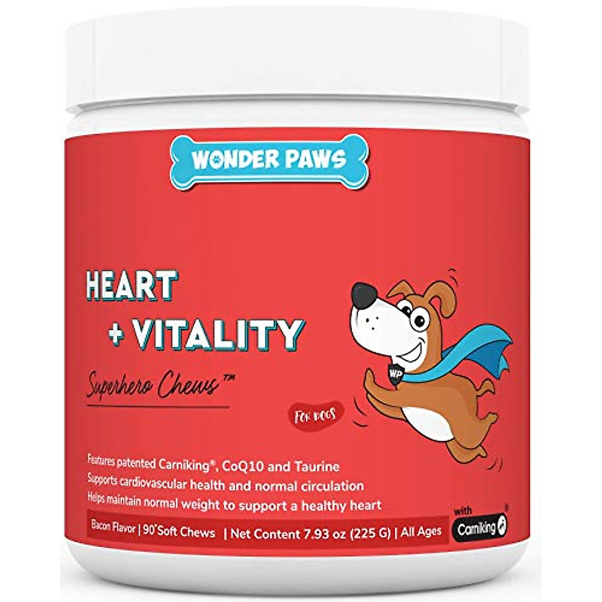 Wonder Paws Cardio Support for Dogs – Cardiovascular Chews Heart Health, Circulation, Energy & Weight Management - with L-Carnitine, Hawthorn Berry, Coenzyme Q10 & Taurine for Dogs – 90 Soft Chews