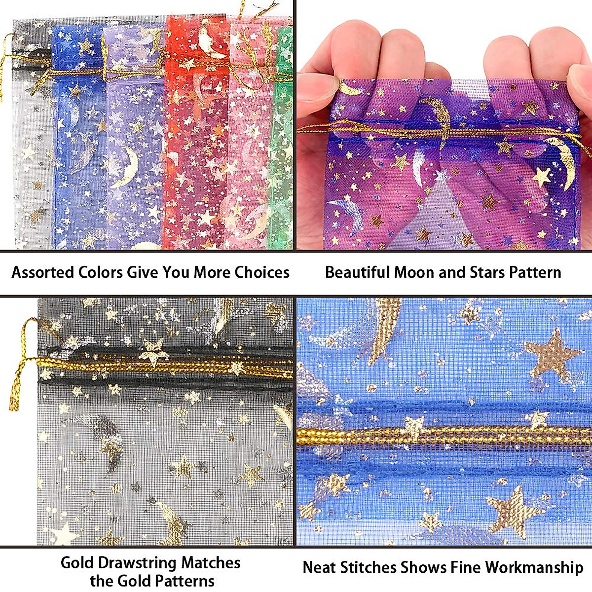 SumDirect Small Sheer Organza Bags - 120Pcs 4×5 Inch Mixed Color Moon Stars Wedding Party Favor Bags with Drawstring, Jewelry Gift Mesh Bags for Valentines Day