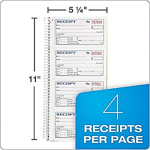 Adams Money and Rent Receipt Book, 2-Part Carbonless, 5-1/4" x 11", Spiral Bound, 200 Sets per Book, 4 Receipts per Page, Sold as 5 Pack, 1000 Sets Total (SC1152)