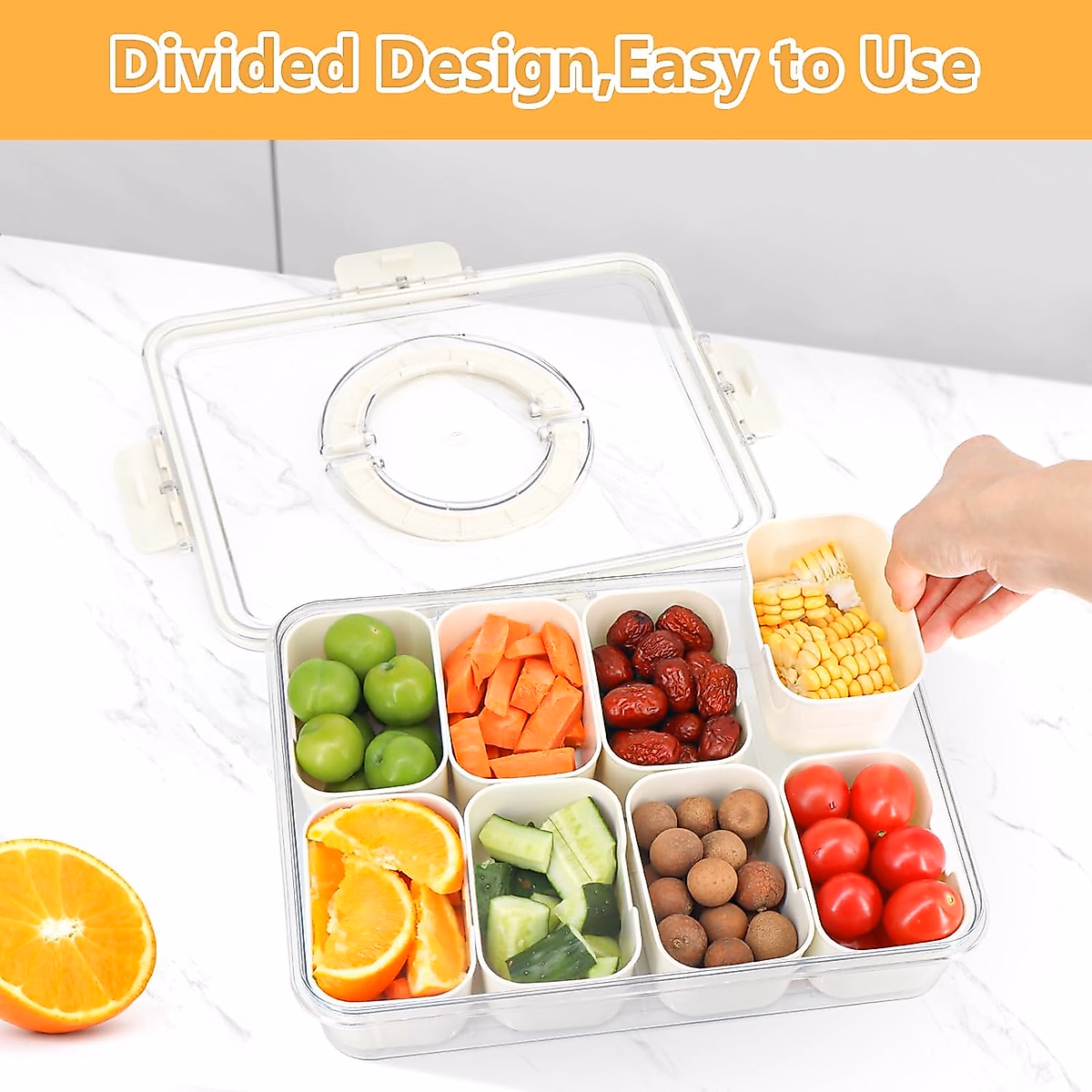 Snackle Box Container Divided Serving Tray with Lid and Handle, Portable Travel Snack Platters for Party, Candy Nuts Fruit Veggie Storage Containers for Fridge, Perfect for Party, Travel, Picnic