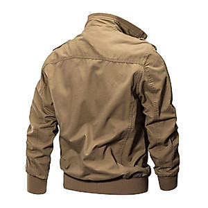 CRYSULLY Men's Bomber Jacket with Patches Cargo Cotton Utility Full Zip Military Jacket Khaki