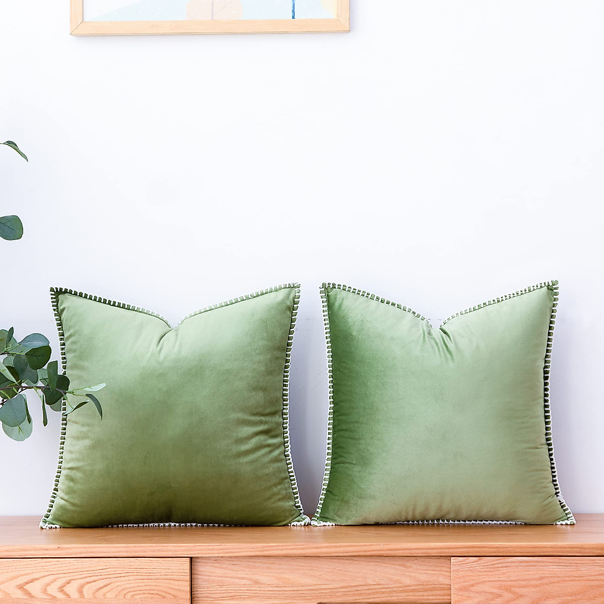 GAWAMAY 16x16 Fall Pillow Covers,Pack of 2 Decorative Cushion Pillow Cases with Chenille Edge Soft Boho Decor Aesthetic Pillows for Living Room Sofa Couch Beding Green Velvet Euro Pillow (40x40cm)