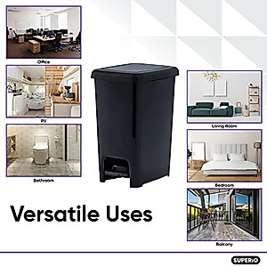 Superio Slim Step On Pedal Plastic Trash Can, Waste Bin for Under Desk, Office, Bedroom, Bathroom, Kitchen (2.5 gal) (Black)