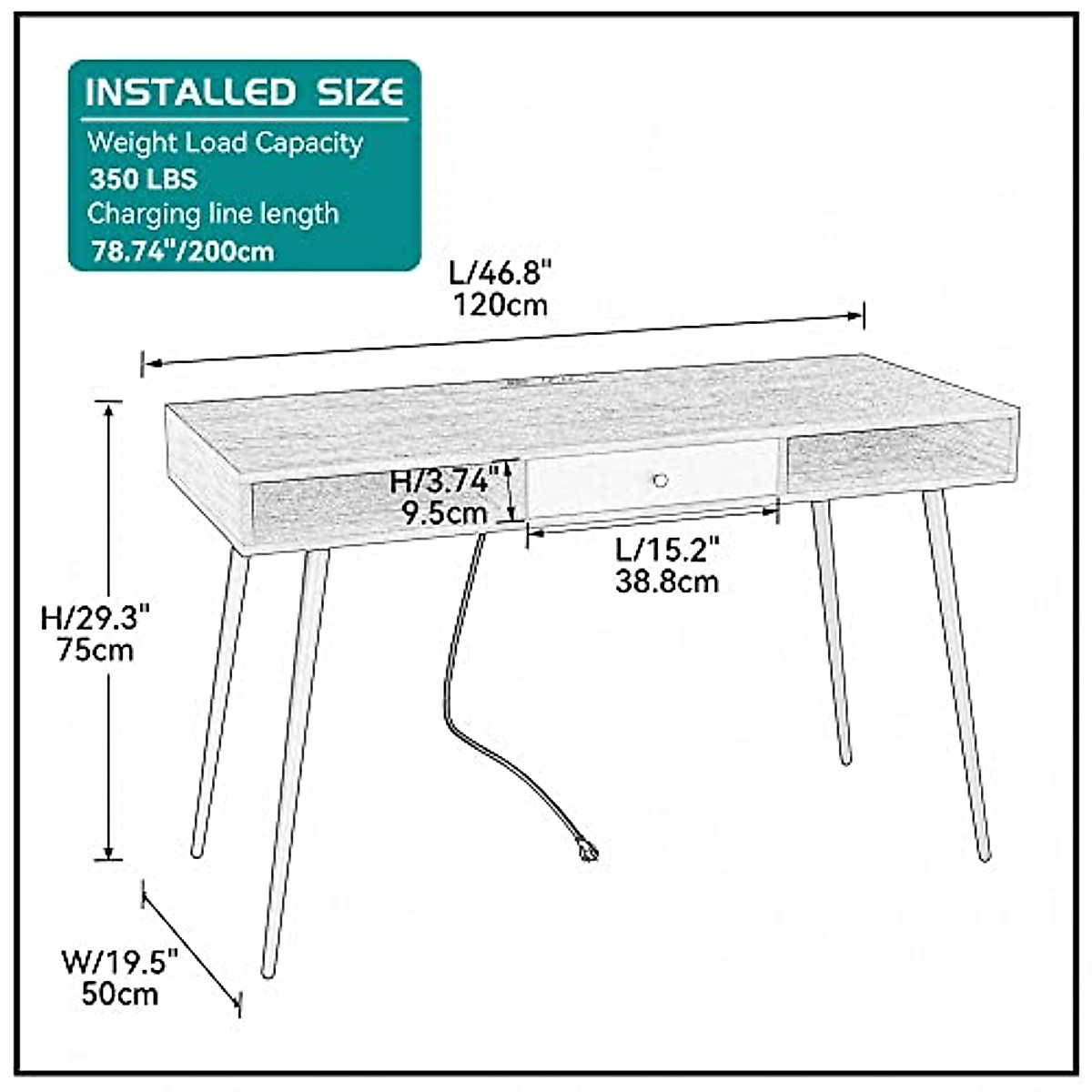 kevinplus Computer Writing Desk 46.8'' with Fast Charge USB Port & Power Outlet, Mid-Century Modern Study PC Desk with Type-C Ports Charging Station, Home Office Desk with Drawer, Walnut & Dark Grey