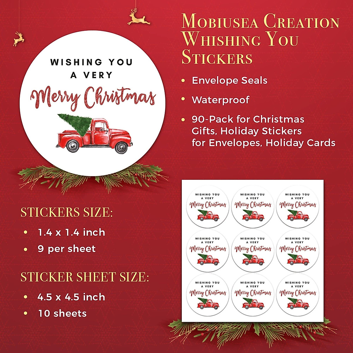 Mobiusea Creation Merry Christmas Stickers | Envelope Seals | 1.4 inch | Red Truck Labels | Waterproof | 90-Pack for Christmas Gifts, Holiday Stickers for Envelopes, Holiday Cards
