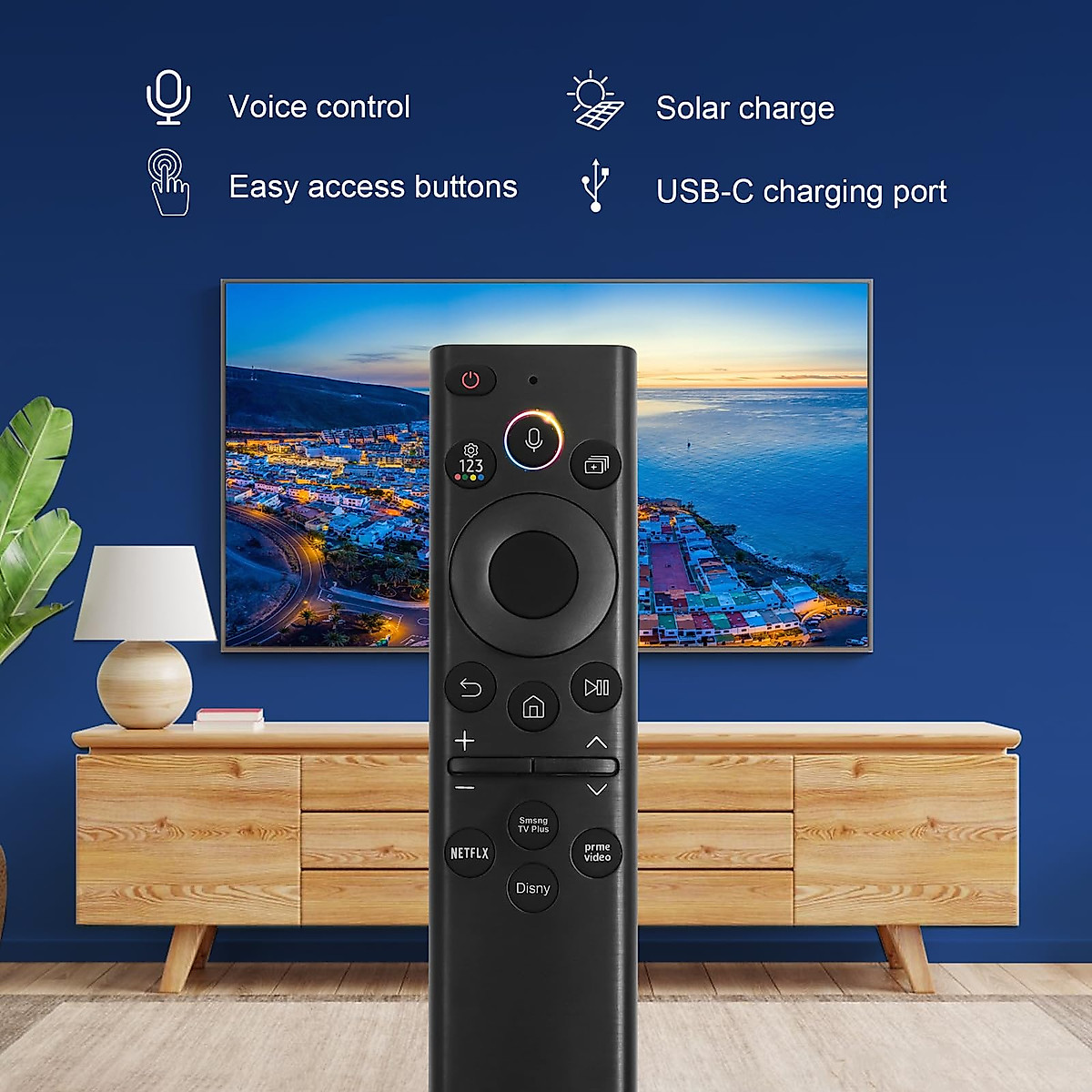 BN59-01385A Voice Replacement Remote Control for Samsung Smart Tvs 4k 8K Ultra HD Neo QLED The Frame and Crystal UHD Series 2021-2023 Models, Rechargeable Solar Cell and USB Type-C