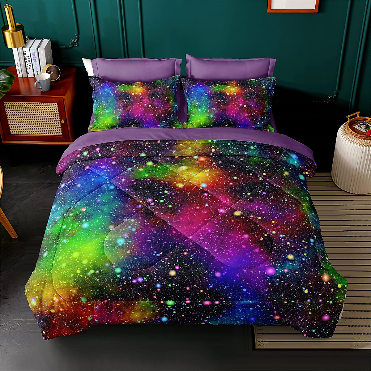 SIRDO Kids Twin Bed Set in a Bag, Galaxy Toddler Bedding Sets for Girls Boys, 5 Piece Colorful Comforter Set with Sheets, Soft Microfiber Bed Sheets All Season