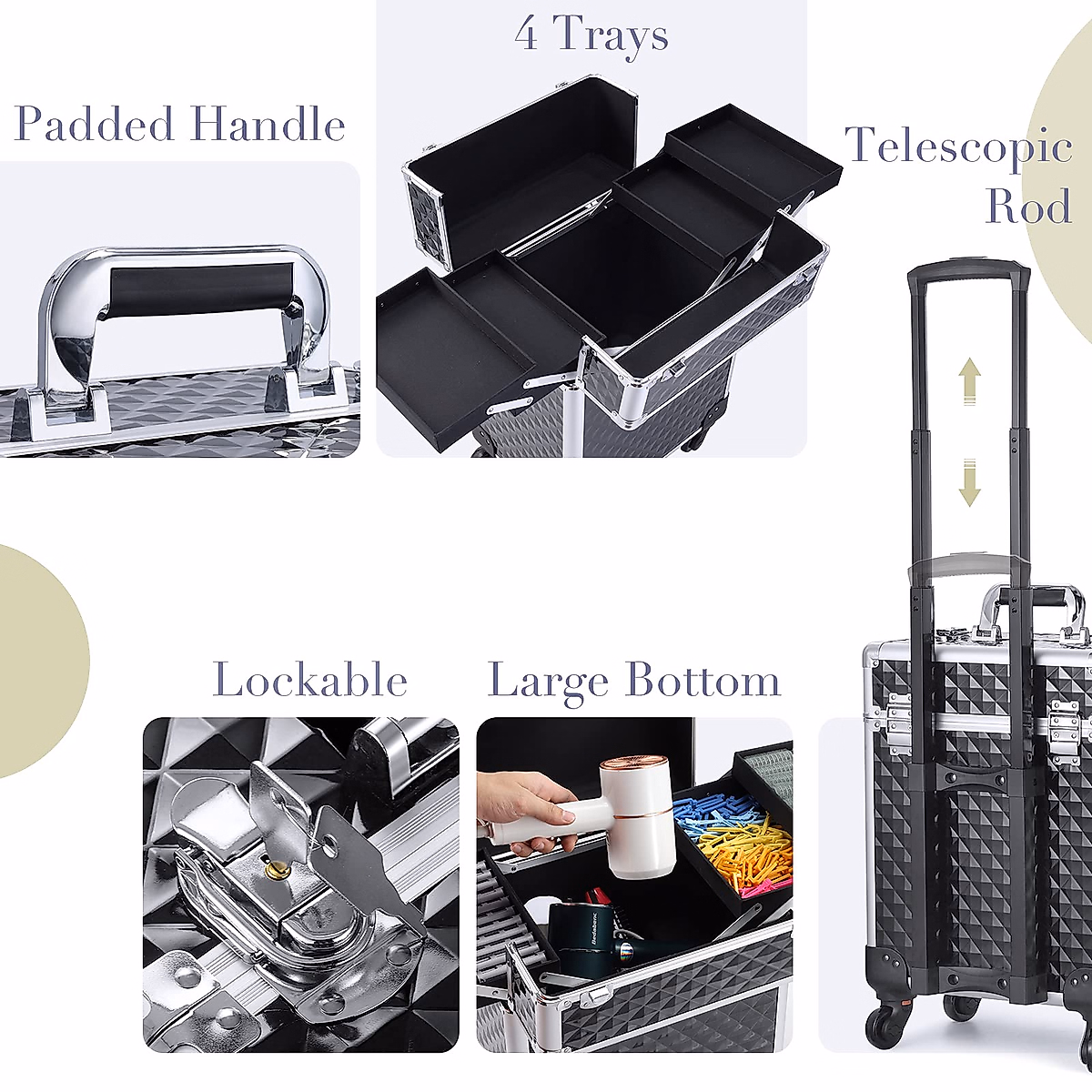 Mecucasi Rolling Makeup Train Case Large Cosmetic Trolley Organized Aluminum Barber Case for Hairstylist Makeup Nail Tech Salon with Keys Swivel Wheels Traveling Cart Trunk - Black