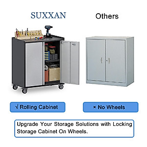 SUXXAN Metal Storage Cabinet with Wheels, Garage Cabinet on Wheels, Rolling Cabinet with Doors,Tool Cabinet with 1 Adjustable Shelf for Utility Room/Home/Storehouse, Assembly Required (Black and Gray)