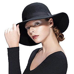 Anycosy Wool Floppy Hat for Women Wide Brim Felt Fedora Hats Cloche Bowler Cap(Black)