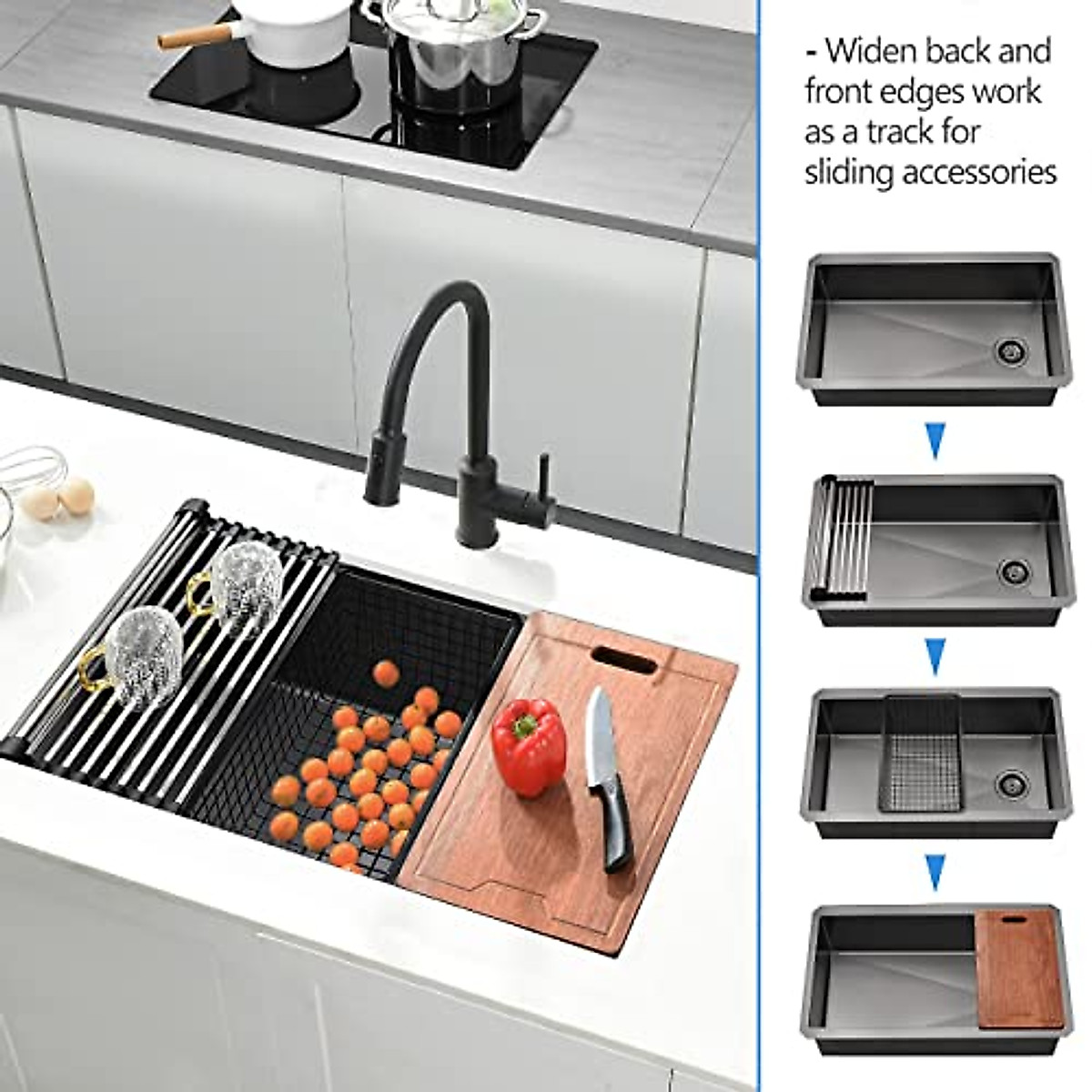 33 Black Undermount Workstation Kitchen Sink, Scamall 33 X 19 X 10 Inches 16 Gauge Nano Black Stainless Steel Single Bowl Workstation Kitchen Sink With Offset Drain SML006SBG