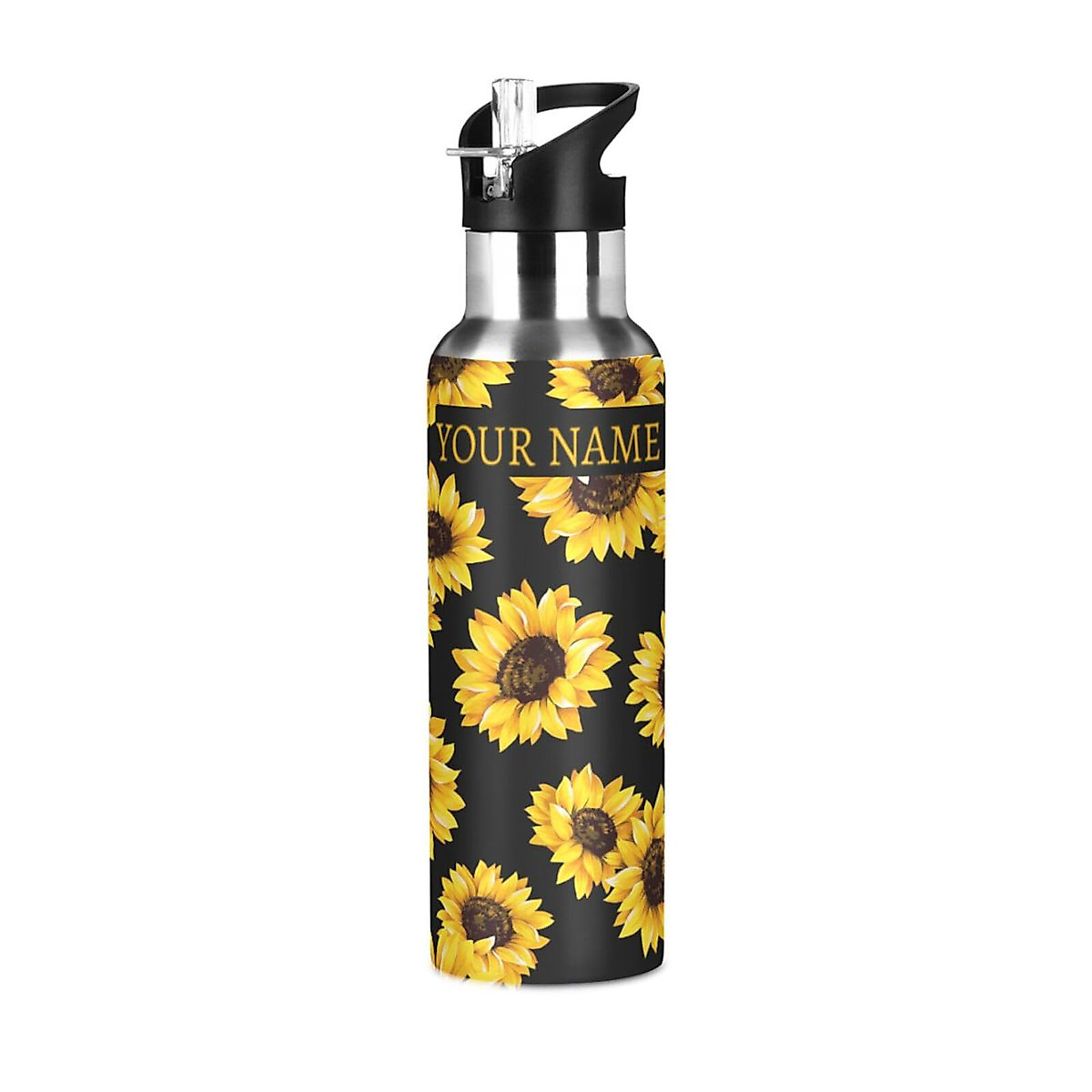 ALAZA Custom Sunflower Water Bottle with Name for Kids Girls with Straw Personalized Insulated Stainless Steel Water Flask Thermos for School Sport 20 Ounce
