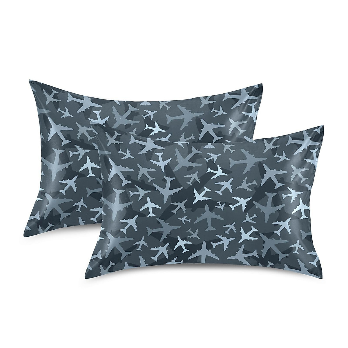 Airplanes Blue Camouflage Pillow Covers Silk Pillowcase for Hair and Skin Soft Breathable Smooth Cooling Satin Pillowcase Standard Size Pillow Case for Bedroom Bed Women Boys Girls (20x30 Inch)