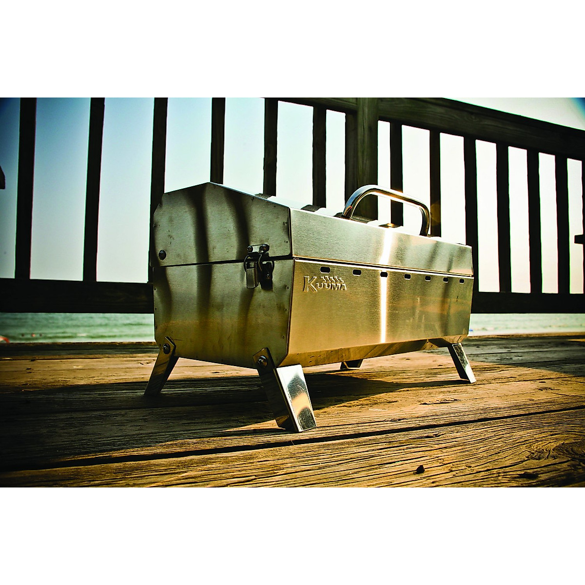 Kuuma "Kuuma Premium Stainless Steel Mountable Charcoal Grill w/Inner Lid Liner by Camco -Compact Portable Size Perfect for Boats, Tailgating and More - Stow N Go 160"" (58110)", silver