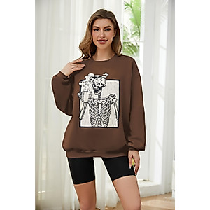 Meladyan womens Halloween Skull Graphic Print Fleece Oversized Sweatshirt Crewneck Long Sleeve Drop Shoulder Pullover, Vintage Brown, Large