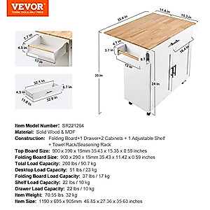VEVOR Kitchen Island Cart with Solid Wood Top, 35.4" Width Mobile Carts with Storage Cabinet, Rolling Kitchen Table with Spice Rack, Towel Rack, Drop Leaf and Drawer, Portable Islands on Wheels, White