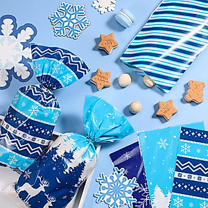 120 Pieces Winter Cellophane Candy Bags Winter Snowflake Plastic Cookie Cello Bags Blue Snowflake Theme Holiday Goodie Treat Bags with 100 Twist Ties for Birthday Baby Shower Party Favor Supplies