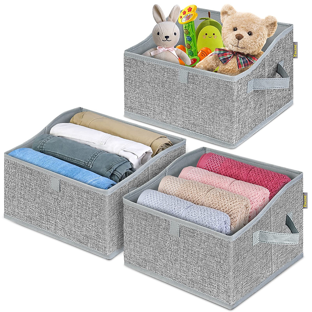 BALEINE 3 Pack Closet Storage Bins for Shelves, Trapezoid Clothing Organizer with Handles, Foldable Linen Fabric Box Containers for Home Bedroom Office, Winter Gray Small