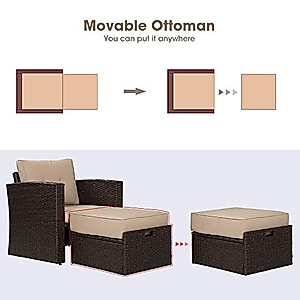 Outdoor Patio Furniture Sets 8-Piece Aluminum Patio Conversation Sets, All Weather Wicker Rattan Sectional Couch Sofa Set with Glass Coffee Table & Single Sofa with Ottoman (Brown/Beige)