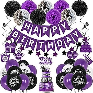 Birthday Decorations Purple for Girls and Women, Happy Birthday Party Decoration Balloons Banner Latex Balloon Supplies Tissue Paper Pom Pom Star Garland Hanging Swirls Birthday Decor for 13th 16th